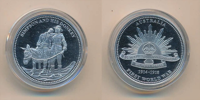 AUSTRALIA: 1914-18 WWI Simpson and his Donkey, ANZAC Silver Medal $24. ...