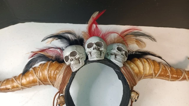 BROWN VOODOO ANCIENT Skull Long Horn Headband w/ Feather for Halloween ...