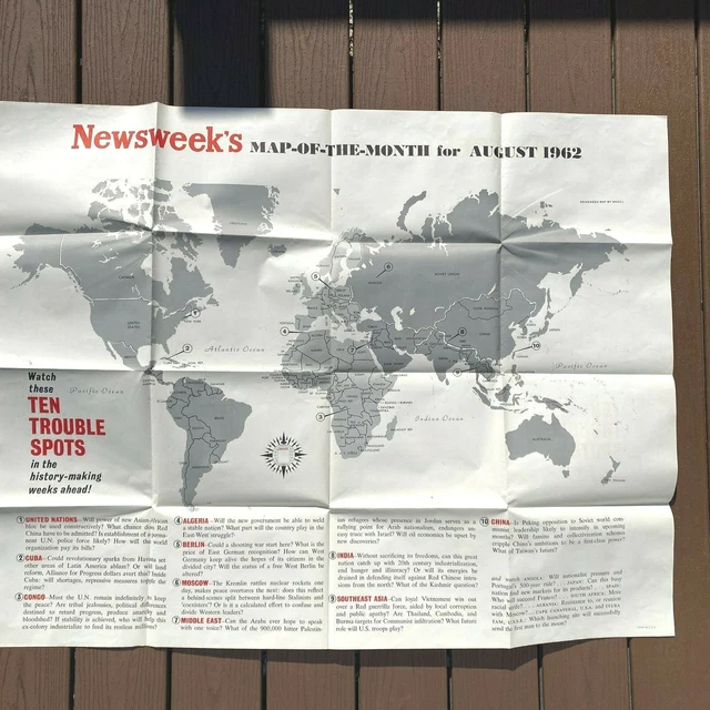 1962 NEWSWEEK WALL Map of Month August Prediction Ten Trouble Spots ...