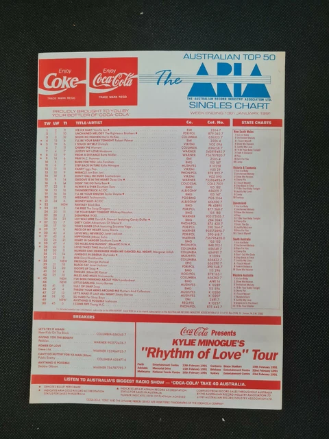 COCA COLA ARIA TOP 50 POP CHART 13 Jan 1991 Australia record shop music ...