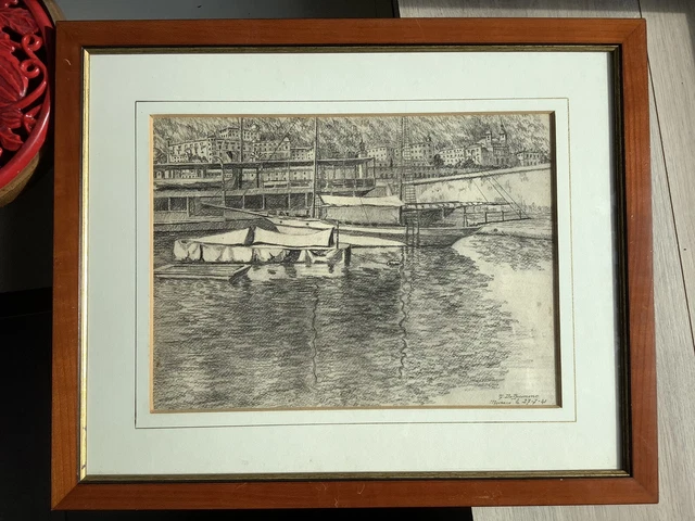 GASTON DE BIEMME Fusain Port De Monaco 1941 Ecole Belge Bateau ...