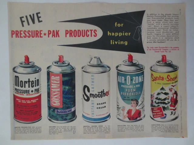 VINTAGE AUSTRALIAN ADVERTISING 1957 ad PRESSURE PAK PRODUCTS spray can ...