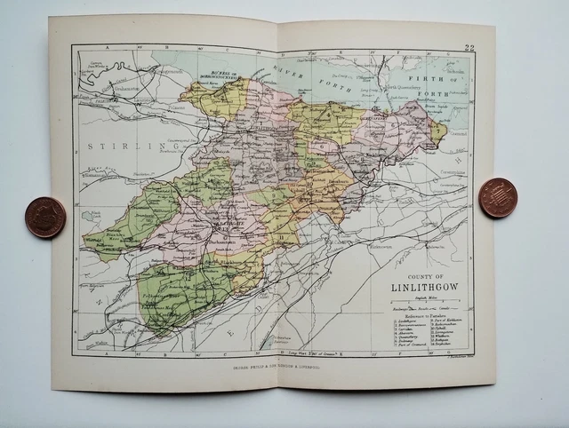 ANTIQUE/VINTAGE COUNTY MAP of LINLITHGOW, Scotland - Phillips Handy ...