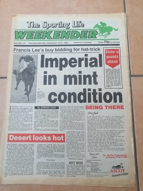 THE SPORTING LIFE Weekender Newspaper September 19-21st, 1985 £2.70 ...