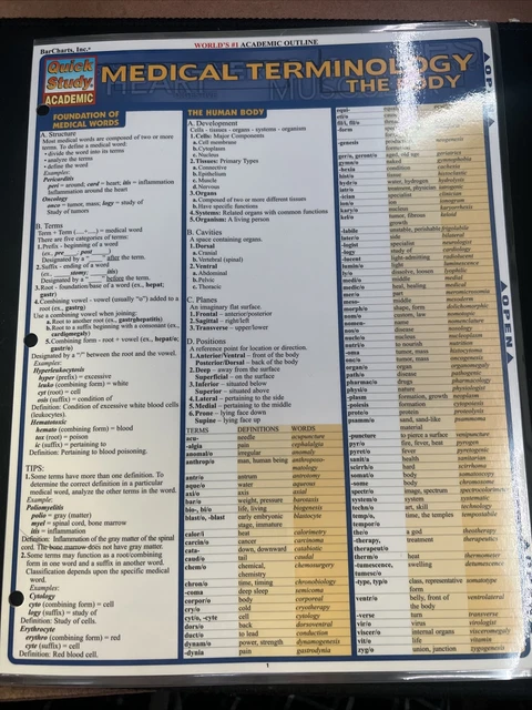 MEDICAL TERMINOLOGY: THE Body Quick Study Tri-Fold Laminated Reference ...