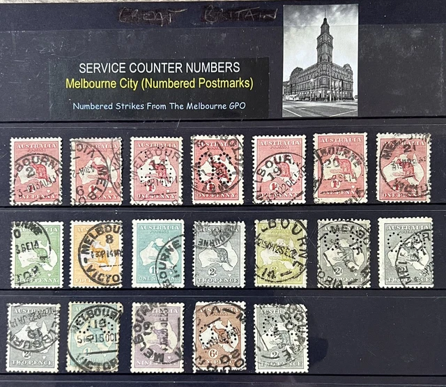 AUSTRALIA STAMP COLLECTION KANGAROOS WITH MELBOURNE G.P.O POSTMARK x 19 ...