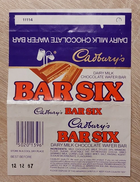 VINTAGE CHOCOLATE BAR Wrapper CADBURY'S BAR SIX 1987 £12.12 - PicClick UK