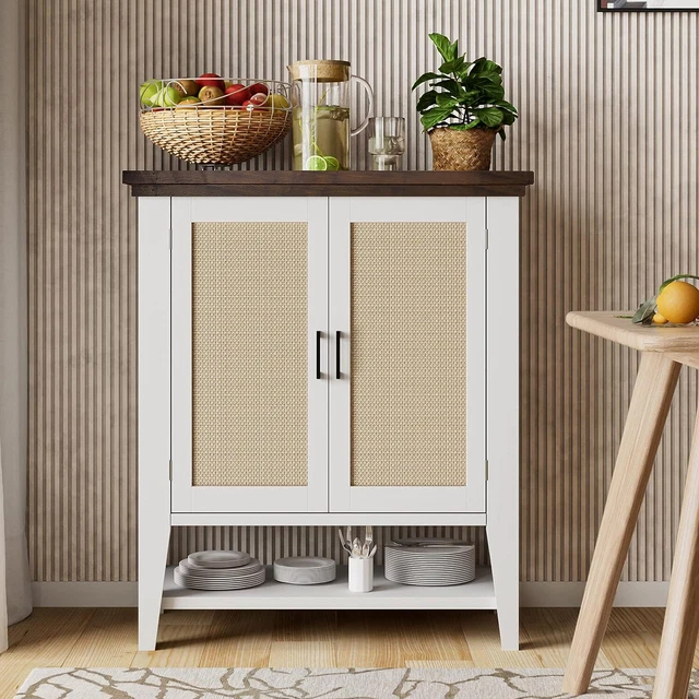 BUFFET STORAGE CABINET White Rattan Cabinet with Doors and Shelves ...