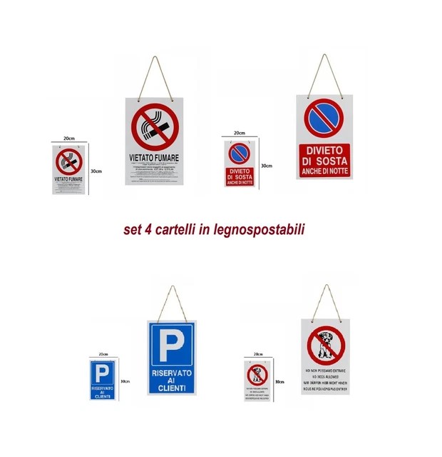 SET 4 CARTELLI in legno divieti fumo sosta parcheggio cani locale ...