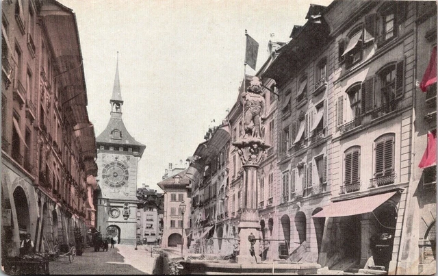 BEAR FOUNTAIN BERNE Switzerland Clock Tower Pantomime Antique Postcard ...