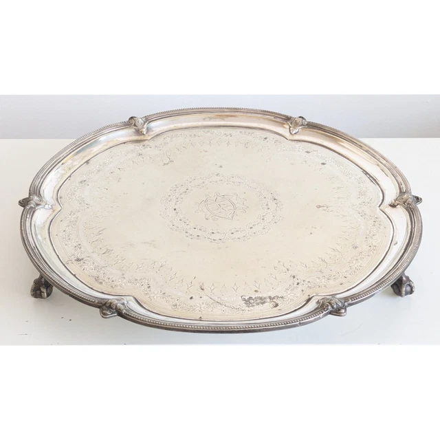 ANTIQUE VICTORIAN SILVER Princes Plate Etched Salver Tray by Mappin ...