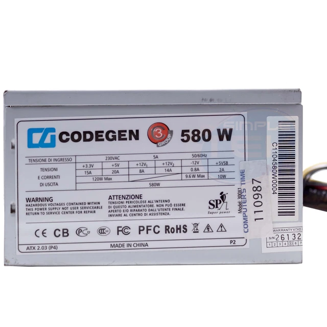 FUENTE DE ALIMENTACIÓN PC Sobremesa Desktop ATX Tower PSU Codegen 580W ...