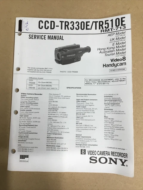 SONY CCD-TR330E/TR510E SERVICE Manual. C72 £15.00 - PicClick UK