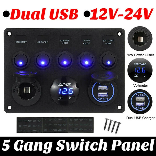 5 GANG CAMPERVAN RV 12V/24V LED Light Switch Control Panel Voltmeter ...