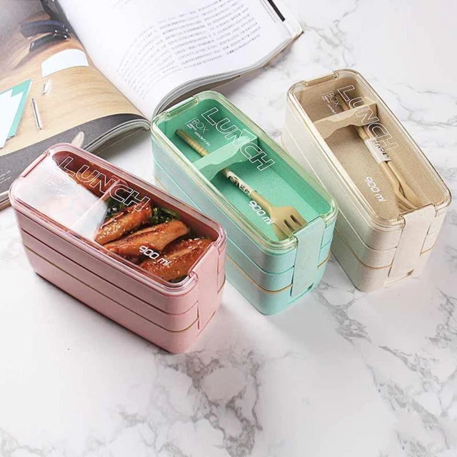 FOOD STORAGE CONTAINER 900ml Wheat Straw Bento Boxes Lunch Box 3 Layer ...