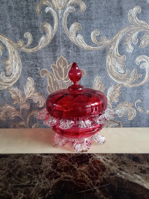 ANTIQUE VICTORIAN CRANBERRY Glass Pedestal Lidded Candy/Sugar Pot Red ...