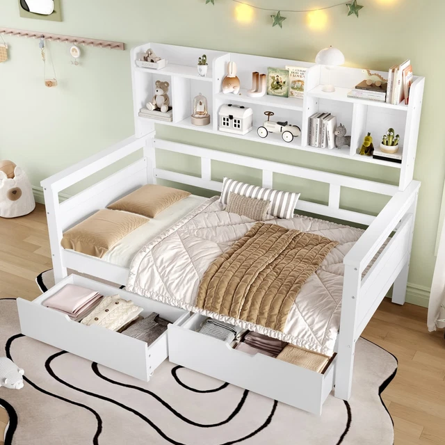 DAYBED WHITE 3FT Single Platform Bed Frame with 2 Storage Drawers, Side ...
