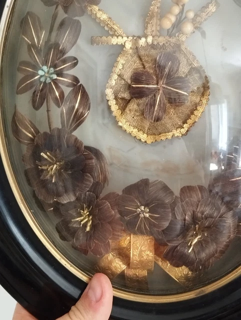 RARE TRÈS GRAND Tableau en Cheveux XIXe- Cadre Ovale Verre Bombé ...