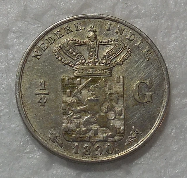 1890 NETHERLANDS EAST Indies 1/4 Gulden Silver Coin High Grade Cleaned ...