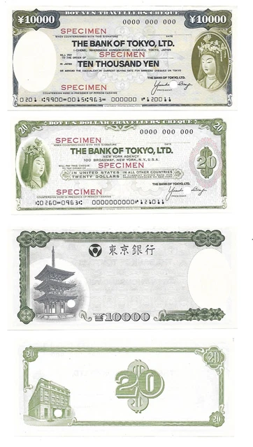 JAPAN BANK OF TOKYO Specimen Travellers Cheque 10,000 Yen + 20 Dollars ...