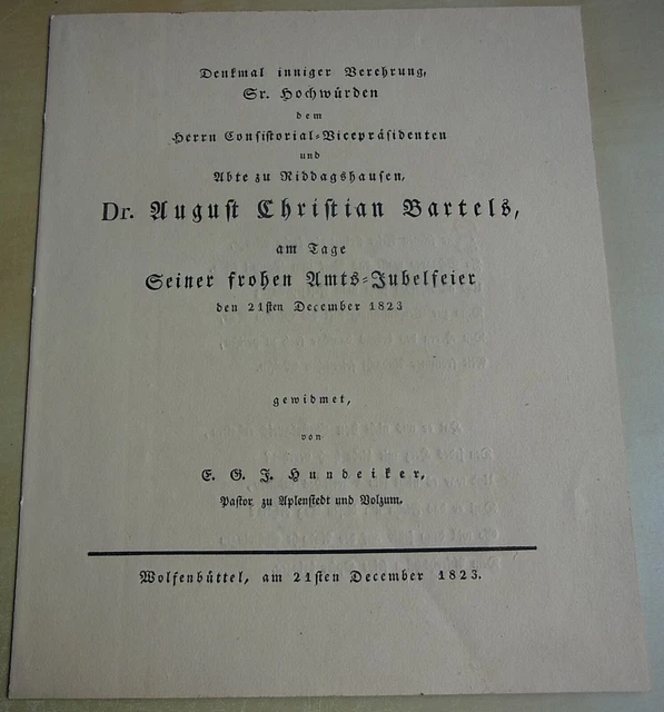 JULIUS HUNDEIKER: KLEINDRUCK 1823, Gedicht Jubiläum Abt BARTELS ...