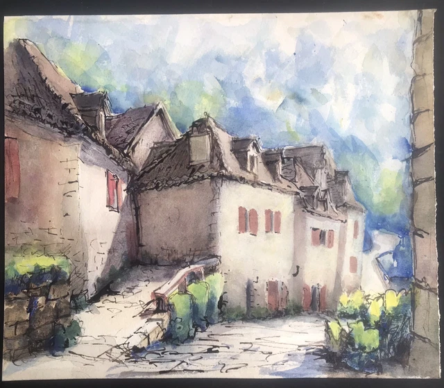 TABLEAU PEINTURE AQUARELLE Originale village Paysage Maisons 1960 EUR 100,00 - PicClick FR