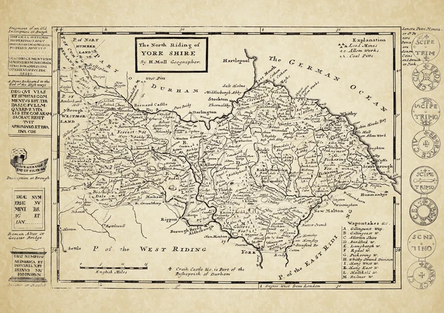 NORTH RIDING OF Yorkshire County Map by Herman Moll 1724 - Reproduction ...