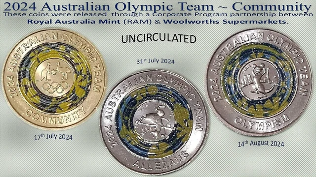 AUSTRALIA 2024 AUSTRALIAN Olympic Team 3 x $2 coloured coins ...