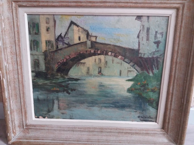 TABLEAU ANCIEN HUILE sur toile signé, paysage avec un pont sur rivière. EUR 60,00 - PicClick FR