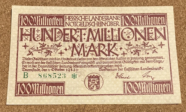 VINTAGE GERMANY GROSSGELD Banknote: 100 Million Mark. Dated 1923. £5.99 ...