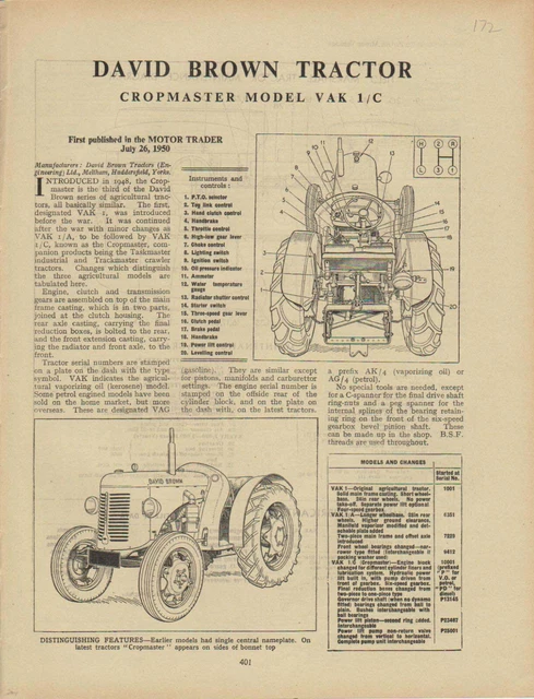 DAVID BROWN TRACTOR Cropmaster VAK 1/C Motor Trader Service Data No. 172 1950 £18.00 - PicClick UK