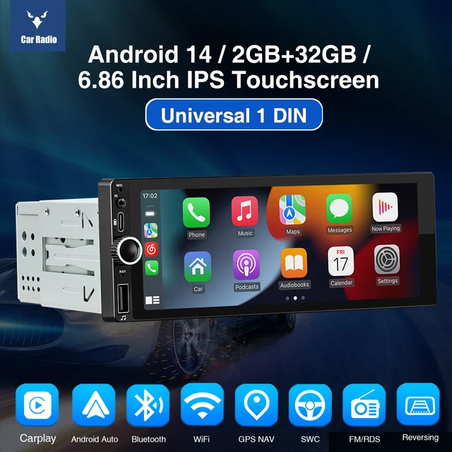 SINGLE DIN CARPLAY Radio Stereo Android 14 2+32G GPS IPS Screen USB C w ...