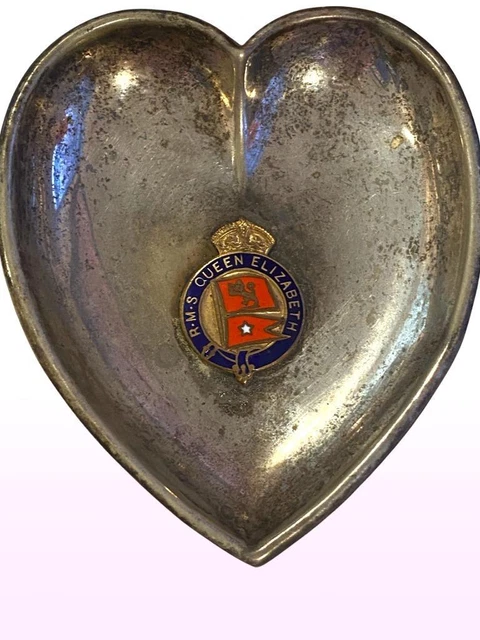 SPILLA CUORE PIATTO souvenir piatto argento stella Cunard RMS Queen ...