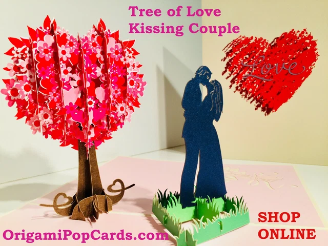 ORIGAMI POP CARDS Tree of Love Kissing Couple 3D Pop Up Greeting Card ...