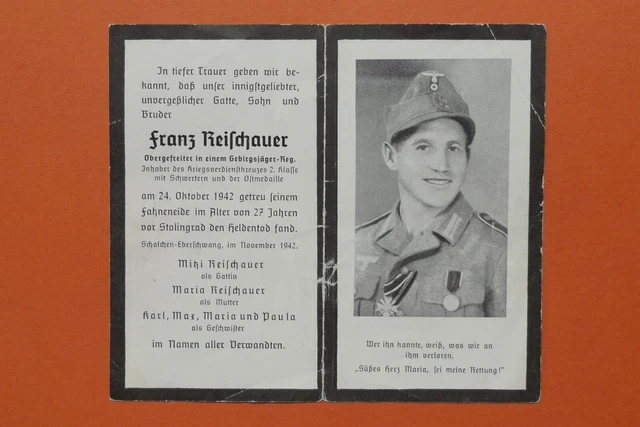 WW2 GERMAN DEATH Card Corporal Mountain-Troop-Regt Awards Oct 1942 ...