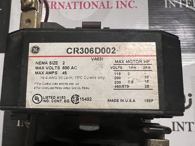 GE GENERAL ELECTRIC Cr306D002 Magnetischer Motorstarter 600Vac 45A Nema ...