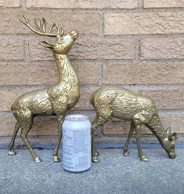 HUGE VINTAGE PAIR Brass Deer Buck & Doe Woodland 14" Tall Figurines $79 ...