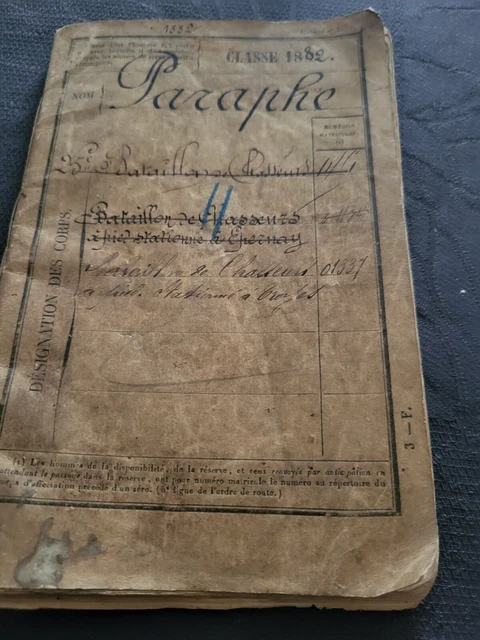 DOCUMENTS MILITAIRES PARAPHÉ de 1882 livret militaire EUR 170,00 ...