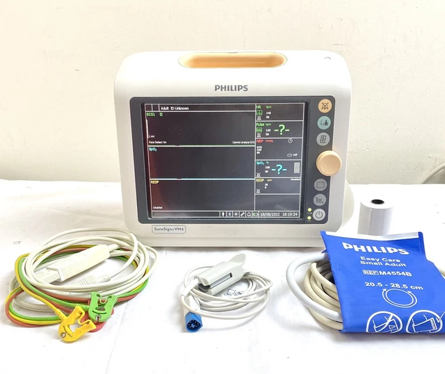 PHILIPS VM4 VITAL SIGNS PATIENT MONITOR & SpO2 SENSOR, ECG LEADS, NIBP ...