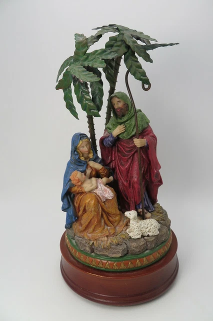 NATIVITY HOLY FAMILY Figurine Wood Base Metal Palm Trees Mary Joseph ...