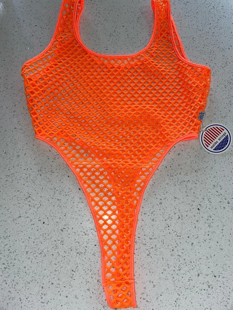 MALIBUSTRINGS BIKINI OPEN Mesh Neon Orange Thong One Piece Sheer Malibu ...