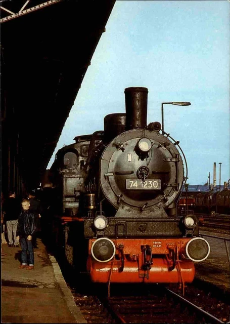 RAILWAY MOTIF AK GDR locomotive steam locomotive at the stop station by ...