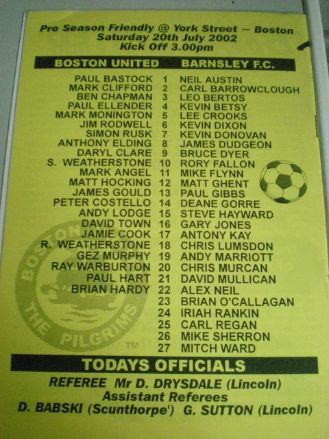 BOSTON UNITED v BARNSLEY, 20th JULY 2002, PRE-SEASON FRIENDLY, MINT ...