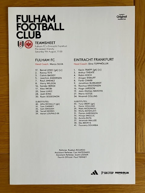 FULHAM 2025-2026 SEASON Home Club Colour Team Sheets £5.42 - PicClick UK