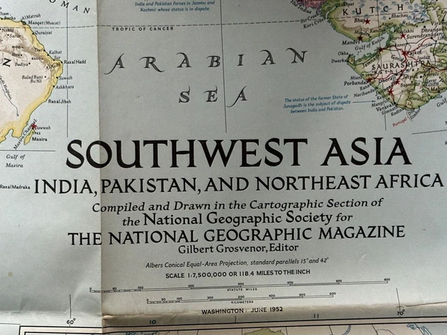 1952 NATIONAL GEOGRAPHIC Magazine, Paper Map, South West Asia, India ...