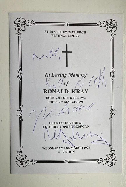 SIGNED RONNIE KRAYS FUNERAL ORDER OF SERVICE. Kray Twins. Ron. Reg Kray ...