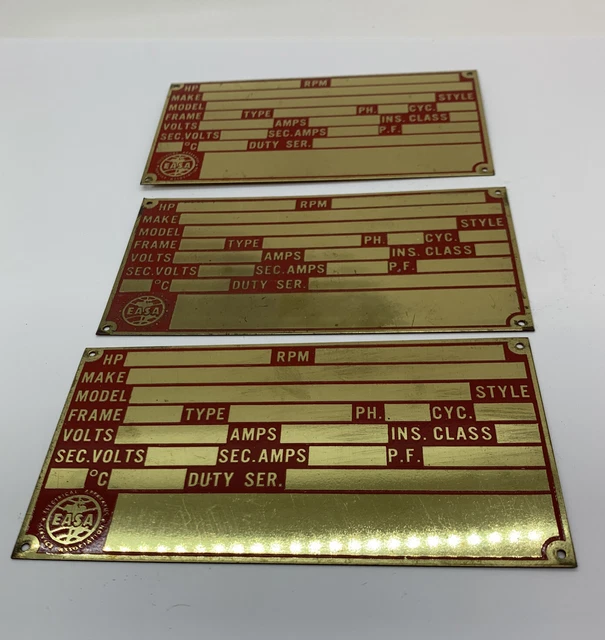 (3) VINTAGE EASA Brass MOTOR - Generator Nomenclature/Serial # Plate ...
