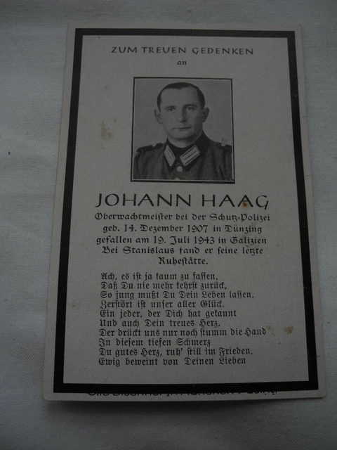 DEATH NOTICE GERMAN soldier Schutz Polizei ww2 german deathcard ...