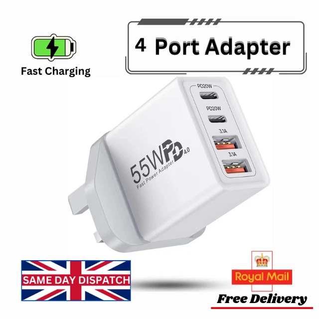 USB C PLUG, 55W 4-Port Fast Charger Plug UK Dual Port PD Power Adapter ...