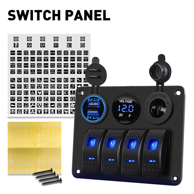 4 GANG BLUE LED Rocker Switch Panel Circuit Breaker Waterproof Car ...